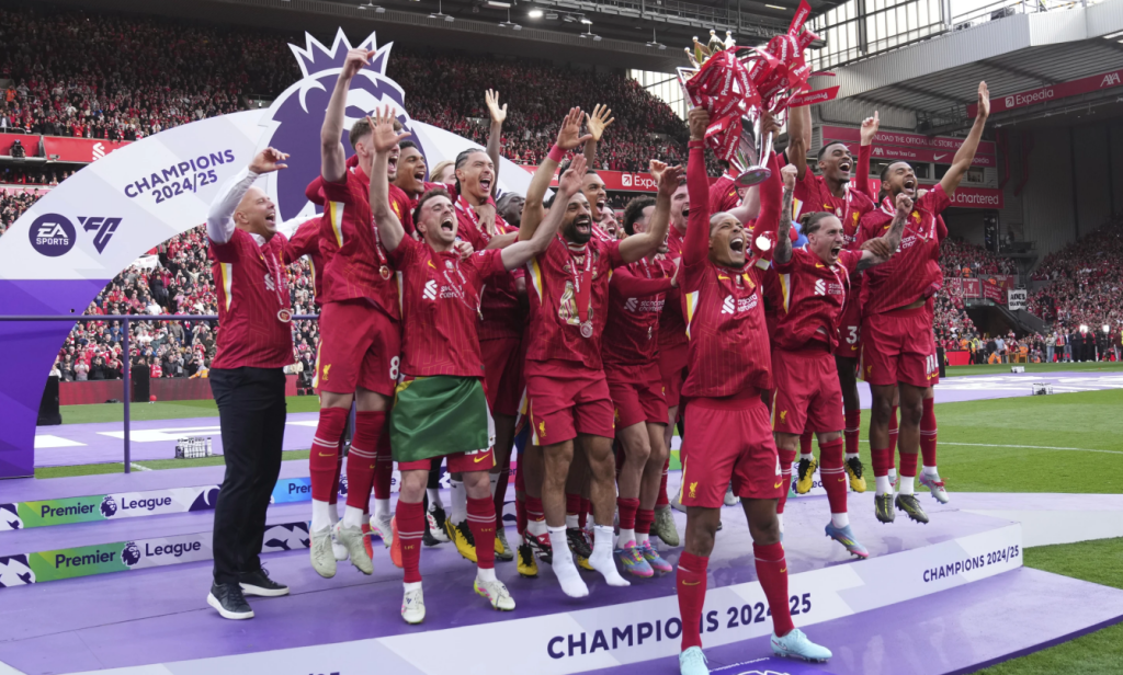 Liverpool players raise Premier League trophy in front of Klopp ...